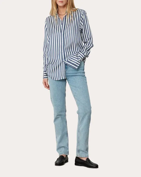 WITH NOTHING UNDERNEATH The Boyfriend Stripe Tencel Shirt - Blue