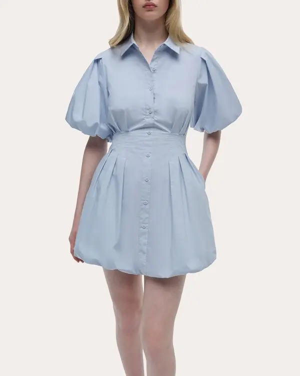 Simkhai Cleo Poplin Puff-sleeve Mini Shirt Dress - Blue