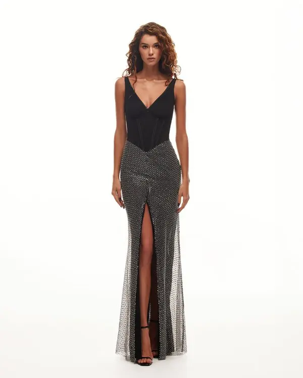 MILLA Corset Maxi Dress With Silver Sequined Maxi - Black