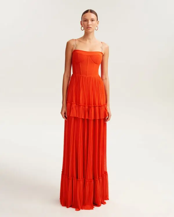 MILLA Coral Spaghetti Strap Pleated Maxi Dress, Garden O - Red