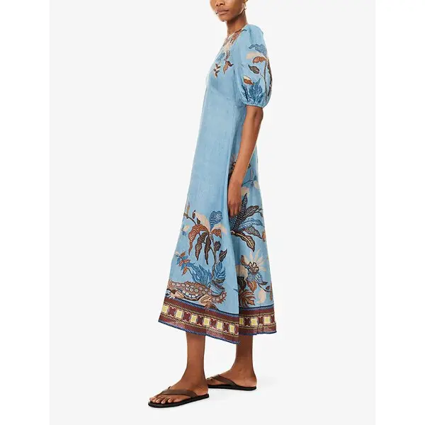 ALEMAIS Georgie Graphic-print Linen Midi Dress