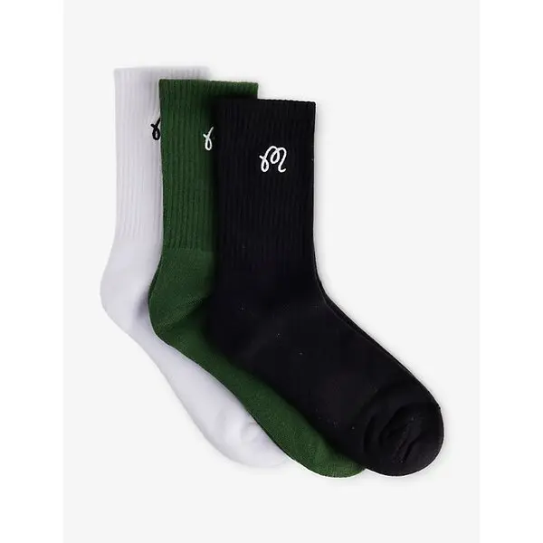 MALBON Embroidered Logo Cotton-blend Socks Pack Of Three - Black