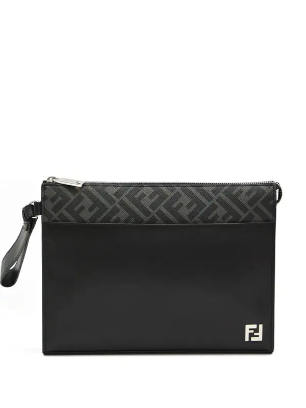 Fendi Clutch Squared Ff In Leather And Canvas - Black