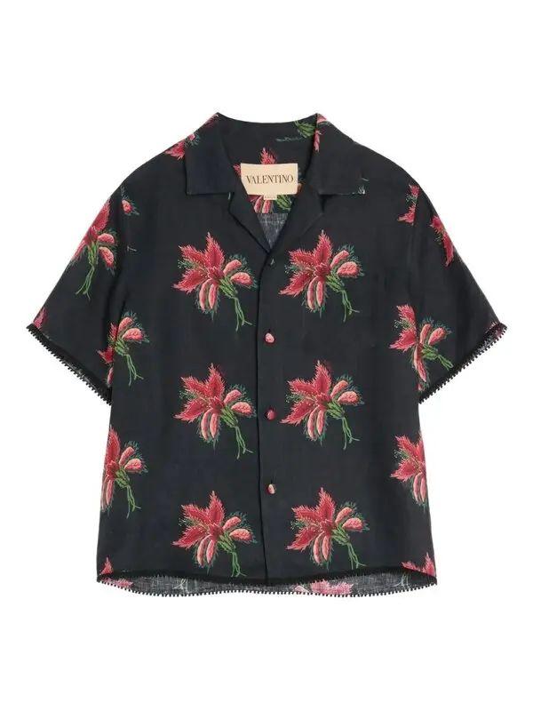 Valentino Garavani Linen Bowling Shirt With Paper Floral Pri - Black