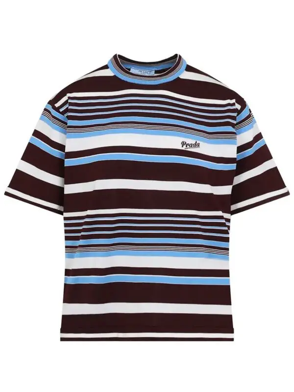 Prada Striped Cotton T-shirt With Intarsia Logo - Brown