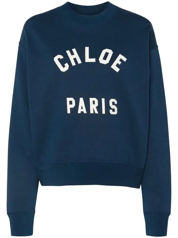 Chloé Mock-neck Cotton Fleece Logo Sweater - Blue