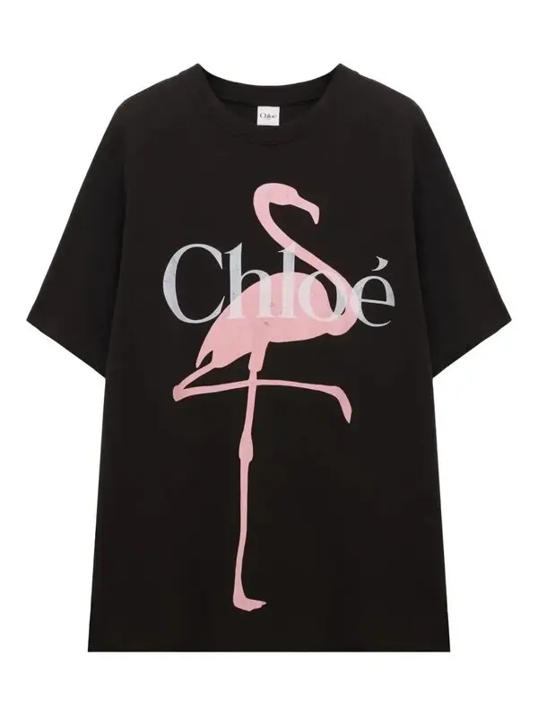 Chloé Wide T-shirt With Flamingo Print In Cotton Jersey - Black