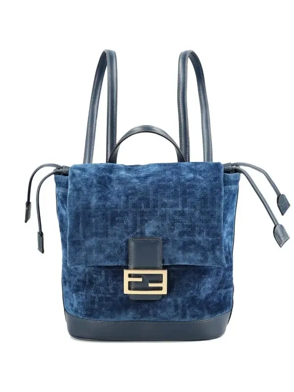 Fendi Ff Flocked Denim Backpack With Leather Details - Blue