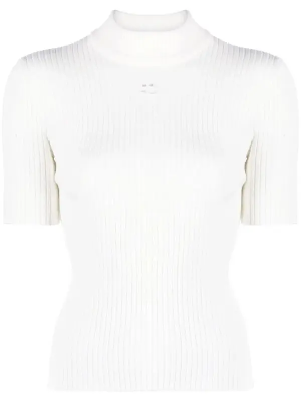 COURREGES Reedition Short Sleeve Ribbed Knit Top - White