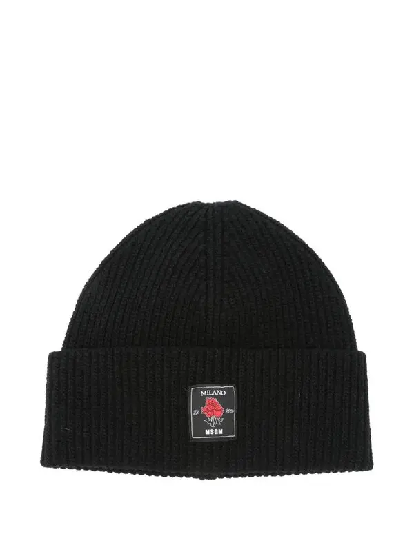 MSGM Ribbed Beanie With Patch - Black