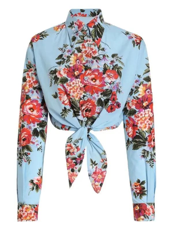 Dolce & Gabbana Floral Printed Cotton Shirt With Knot Detail - Blue