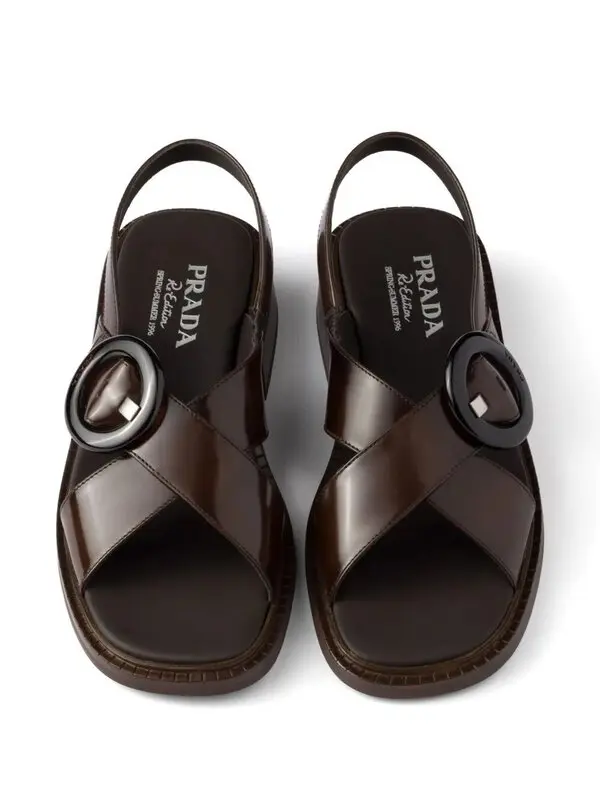 Prada Brushed Leather Crisscross Band Sandals - Brown
