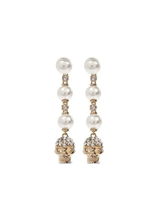 Alexander McQueen Skull And Pearl Drop Earrings - Metallic