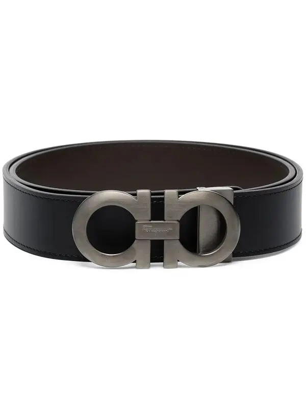 FERRAGAMO Reversible Gancini Belt With Brushed Finish - Black