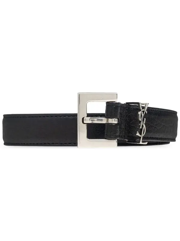 Saint Laurent Squared Buckle Striped Leather Thin Belt - Black