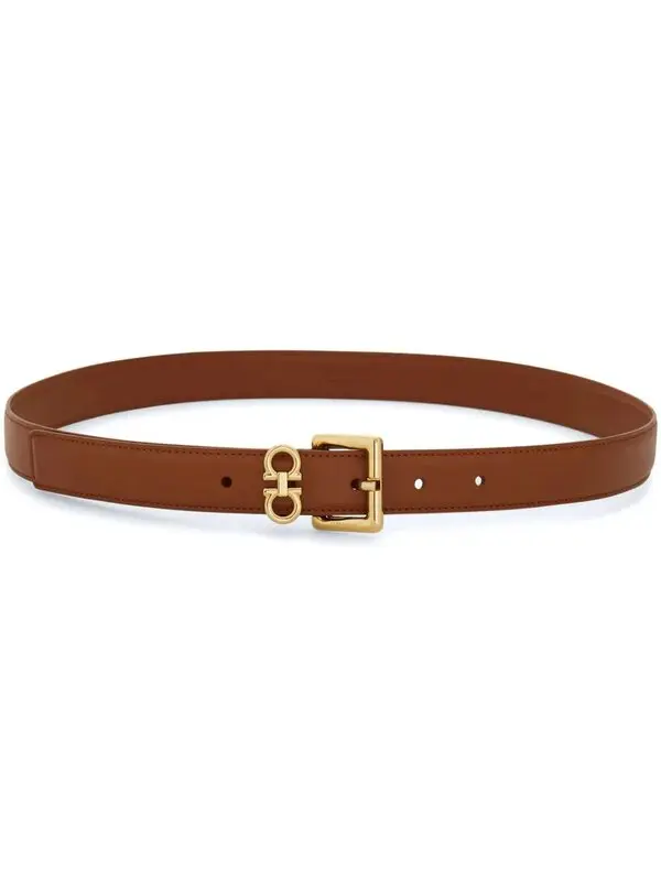 FERRAGAMO Leather Belt With Double Hook Buckle - Brown