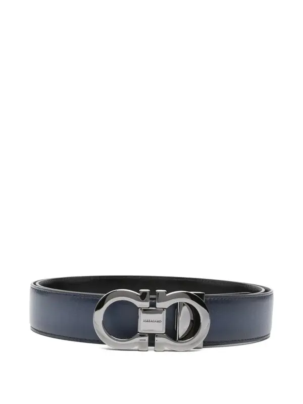 FERRAGAMO Double Gancini Leather Belt - Grey