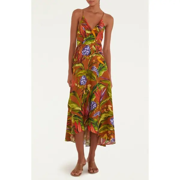 Farm Rio Floral Linen Wrap Dress - Brown