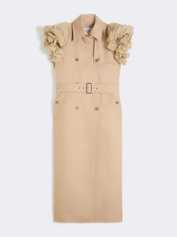 Max Mara Sleeveless Duster Coat In Linen Basketweave With Ruffles - Camel