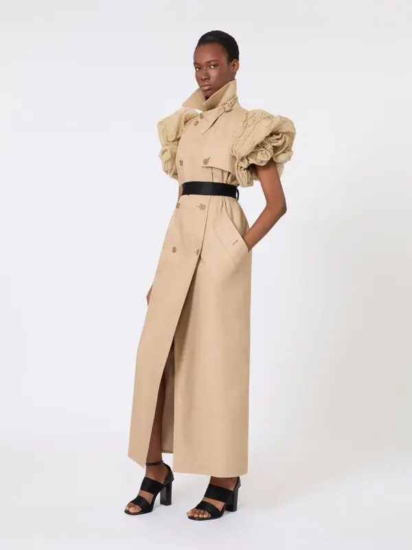Max Mara Sleeveless Linen Duster Coat With Ruffles - Camel