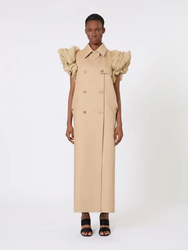 Max Mara Sleeveless Linen Duster Coat With Ruffles - Camel