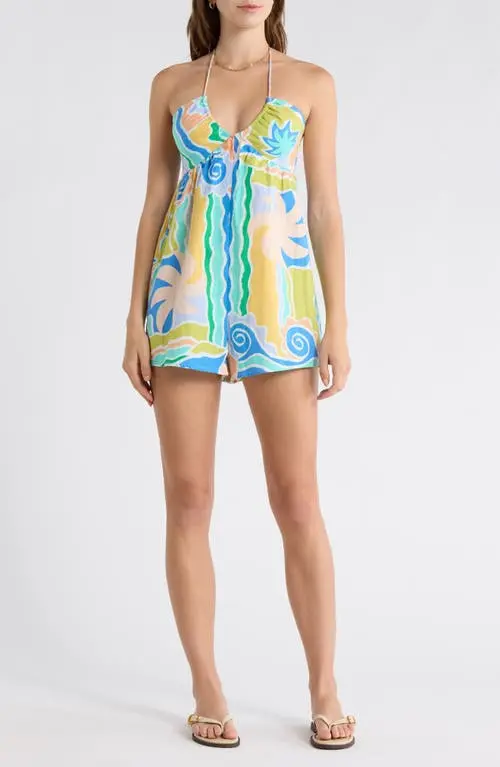 BILLABONG Cotton & Linen Halter Romper - Blue Multi