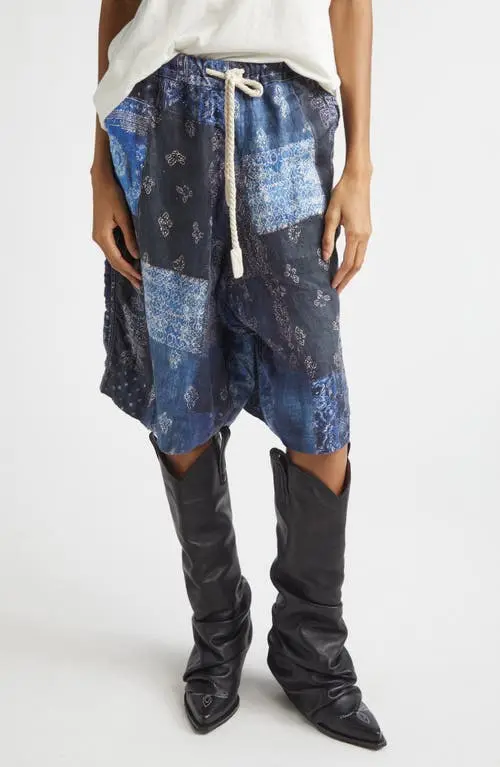 R13 Jesse Bandana Print Linen Carpenter Shorts - Blue Bandana