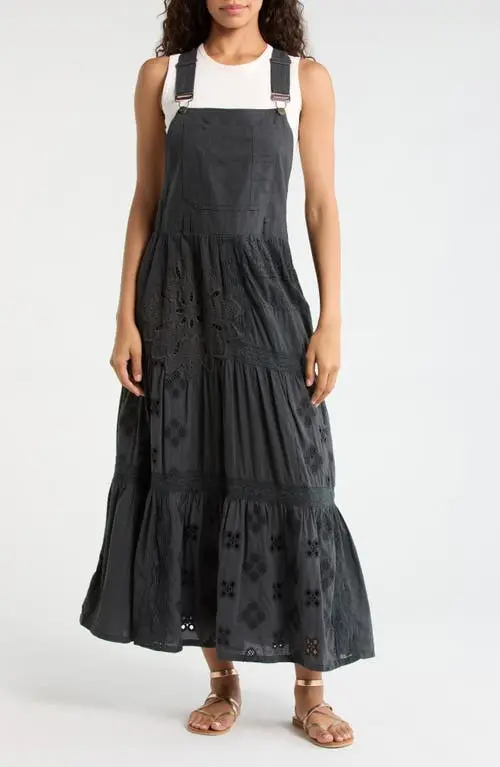 Lucky Brand Cutwork Detail Cotton Overall Maxi Dress - Raven