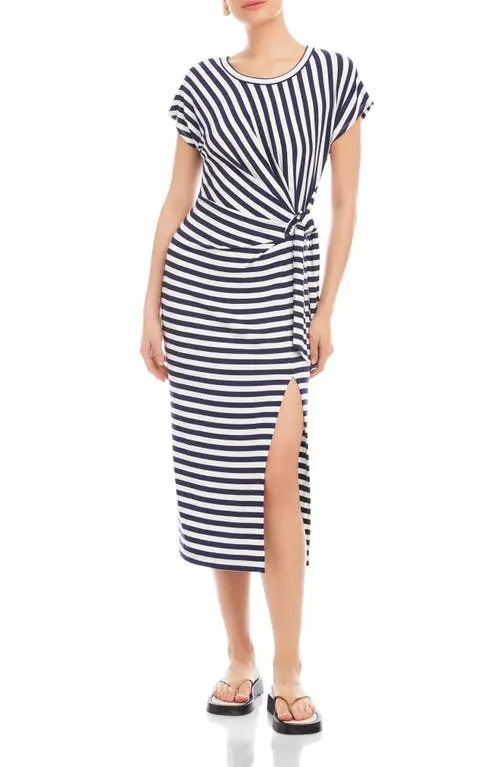 Fifteen Twenty Marisa Side Knot Midi T-shirt Dress - Navy W/white