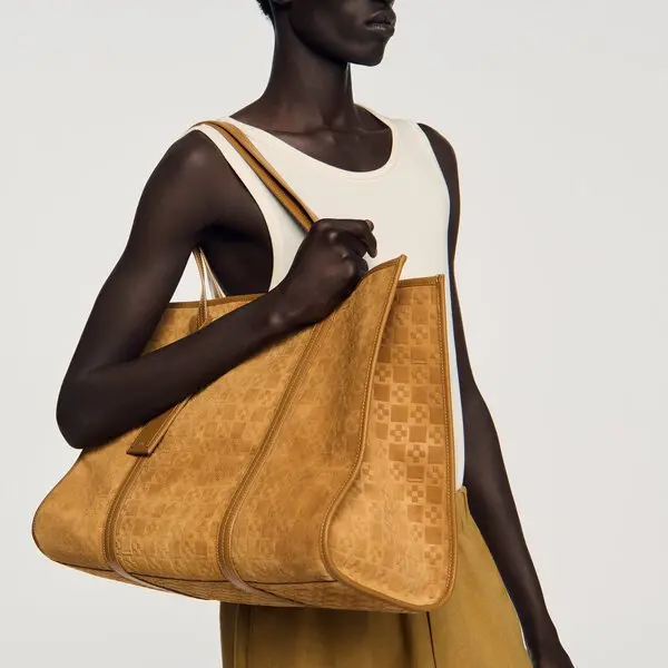 Sandro Split Leather Tote Bag With Pouch - Camel
