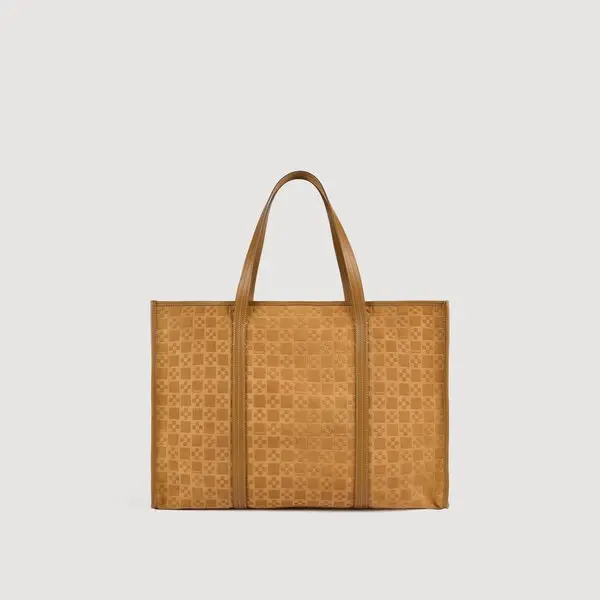 Sandro Split Leather Tote Bag With Pouch - Camel