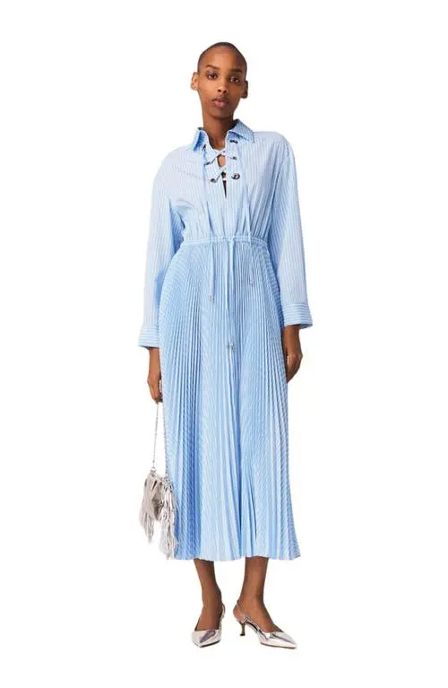 Maje Striped Pleated Maxi Shirt Dress With Eyelets - Blue Sky