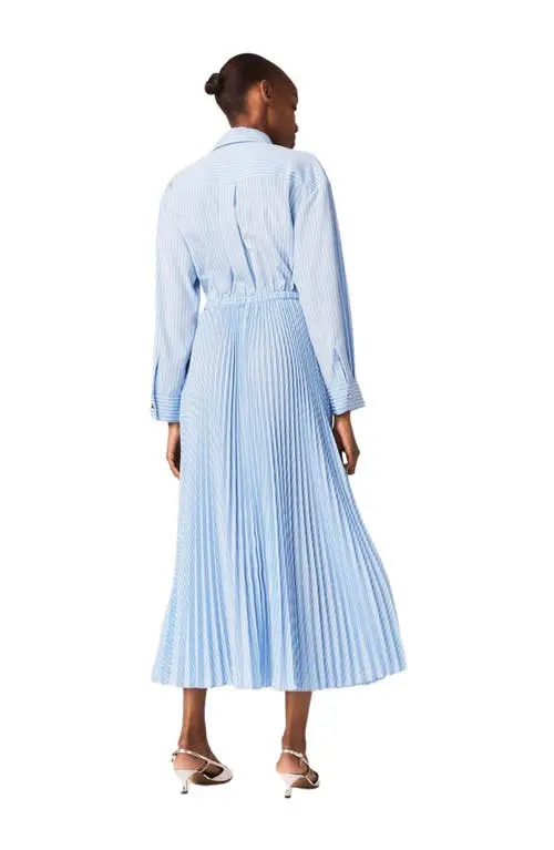Maje Striped Pleated Maxi Shirt Dress With Eyelets - Blue Sky
