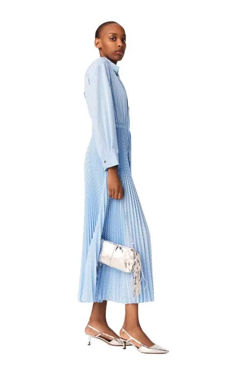 Maje Striped Pleated Maxi Shirt Dress With Eyelets - Blue Sky