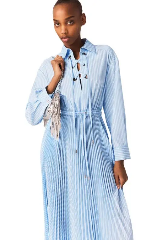 Maje Striped Pleated Maxi Shirt Dress With Eyelets - Blue Sky
