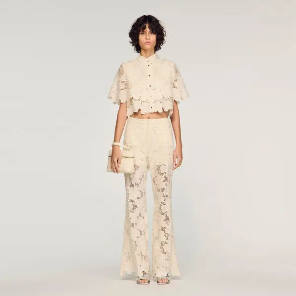 Sandro Cropped Floral Guipure Shirt - Ecru