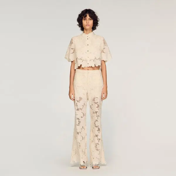 Sandro Cropped Floral Guipure Shirt - Ecru