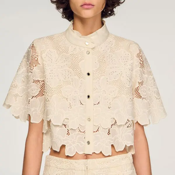 Sandro Cropped Floral Guipure Shirt - Ecru