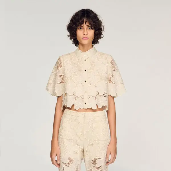 Sandro Cropped Floral Guipure Shirt - Ecru
