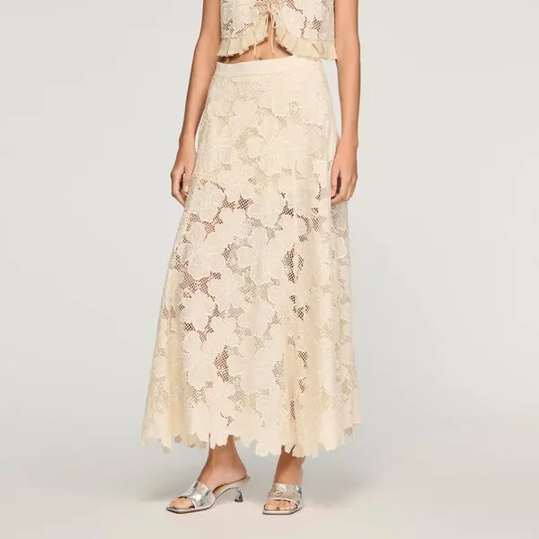 Sandro Maxi Floral Guipure Skirt - Ecru