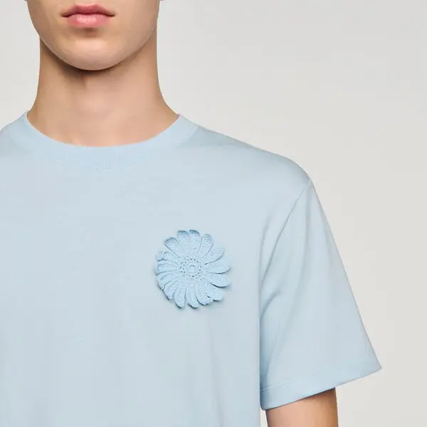 Sandro Cotton Crochet Flower T-shirt - Sky Blue