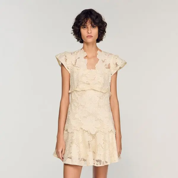 Sandro Floral Guipure Mini Dress - Ecru