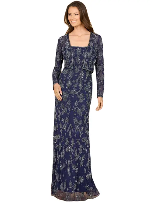 LARA NEW YORK Sheath Gown With Long Sleeve Jacket - Navy