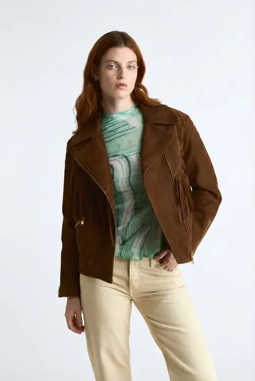 FURNIQ UK Lara Fringe Suede Jacket - Chestnut