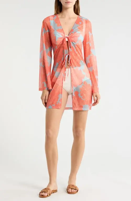HUTCH Tie Front Long Sleeve Cover-up - Sky Blue Peonies