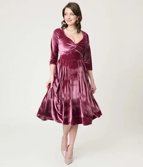 Unique Vintage 1950s Front Twist Swing Dress - Mauve Pink