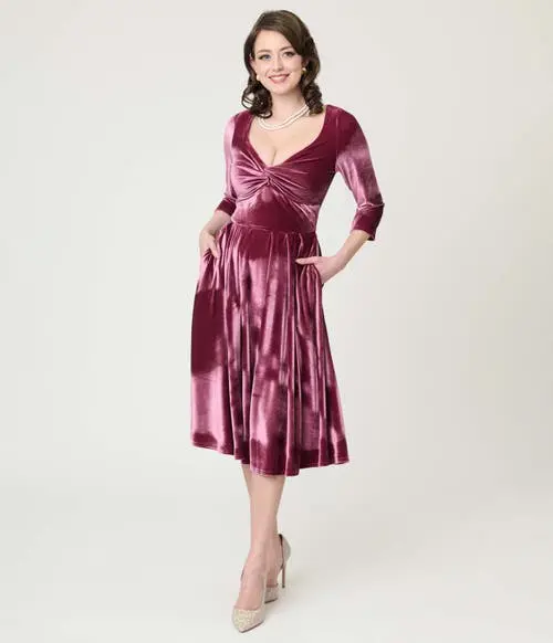 Unique Vintage 1950s Front Twist Swing Dress - Mauve Pink