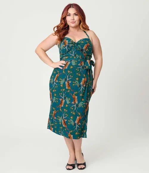 Unique Vintage Leilani Sleeveless Sarong Dress - Teal Tiger Print