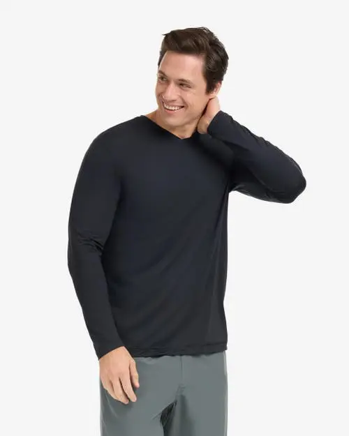 BLOQUV Performance V-neck Long Sleeve Shirt With Sun Protection - Black