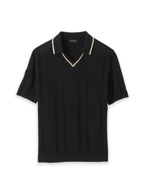 PAUL FREDRICK Cotton Crochet V-neck Polo - Black